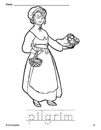FREE Printable Pilgrim Thanksgiving Coloring Page and Word Tracing ...