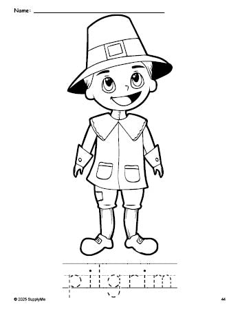 FREE Printable Pilgrim Thanksgiving Coloring Page and Word Tracing ...