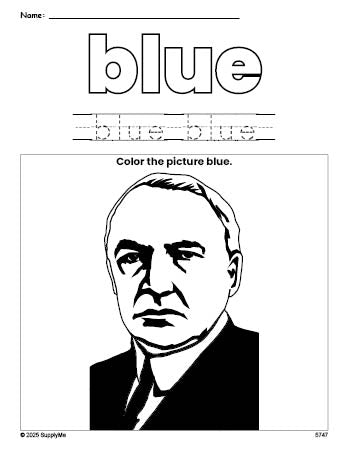 FREE Presidents' Day Warren G Harding Color Blue Coloring Page and ...