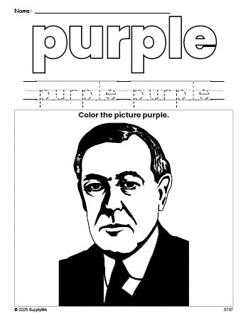 FREE Presidents' Day Woodrow Wilson Color Purple Coloring Page and ...