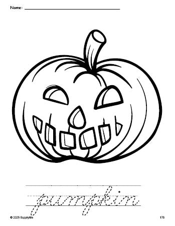 FREE Printable Pumpkin Halloween Coloring Page and Cursive Word Tracing ...