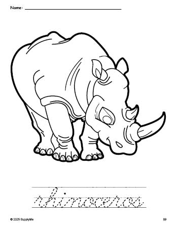 FREE Printable Rhinoceros Coloring Page and Cursive Word Tracing ...