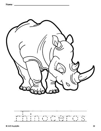FREE Printable Rhinoceros Coloring Page and Word Tracing Worksheet ...