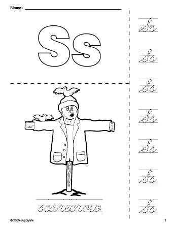 FREE Printable Scarecrow Fall Coloring Page and Cursive Letter Tracing ...