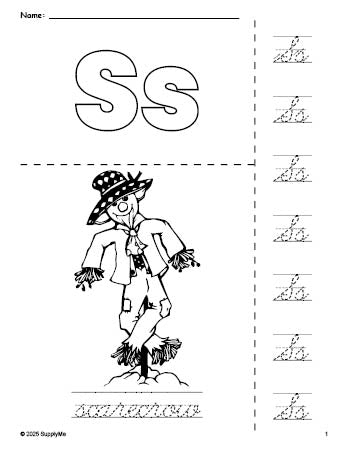 FREE Printable Scarecrow Fall Coloring Page and Cursive Letter Tracing ...