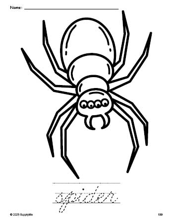 FREE Printable Spider Halloween Coloring Page and Cursive Word Tracing ...