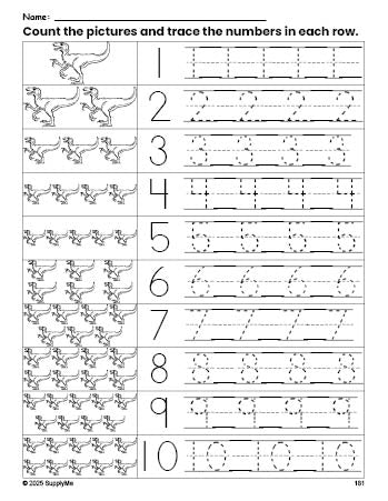 FREE Printable T-Rex Counting Worksheet for Preschool and Pre-K with ...