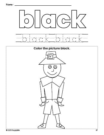 FREE Thanksgiving Pilgrim Color Black Coloring Page and Color Worksheet ...