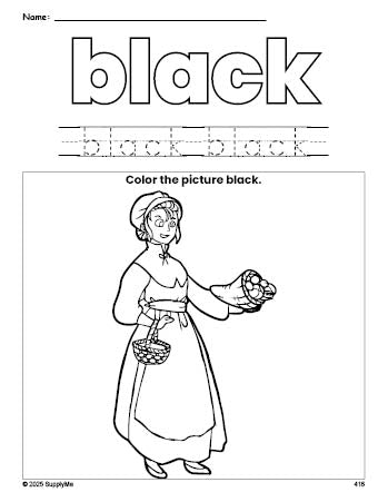FREE Thanksgiving Pilgrim Color Black Coloring Page and Color Worksheet ...