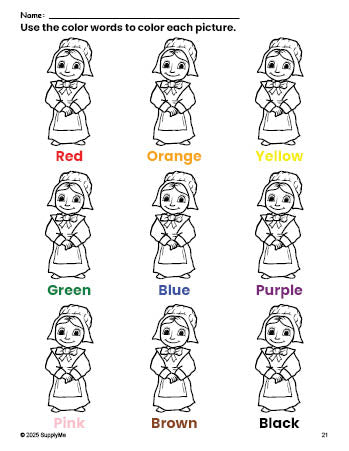 FREE Thanksgiving Pilgrim Coloring Page and Color Worksheet for ...