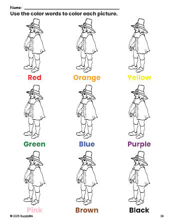 FREE Thanksgiving Pilgrim Coloring Page and Color Worksheet for ...