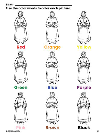 FREE Thanksgiving Pilgrim Coloring Page and Color Worksheet for ...
