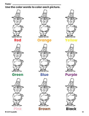 FREE Thanksgiving Pilgrim Coloring Page and Color Worksheet for ...
