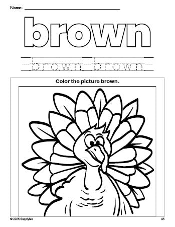 FREE Thanksgiving Turkey Color Brown Coloring Page and Color Worksheet ...