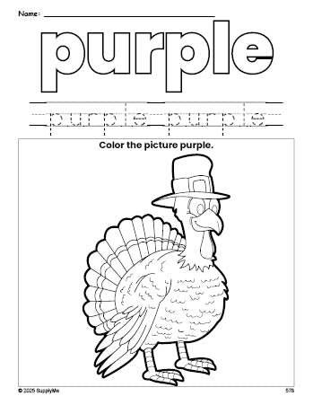 FREE Thanksgiving Turkey Color Purple Coloring Page and Color Worksheet ...