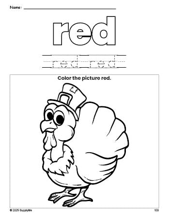 FREE Thanksgiving Turkey Color Red Coloring Page and Color Worksheet ...