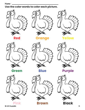 FREE Thanksgiving Turkey Coloring Page and Color Worksheet for ...