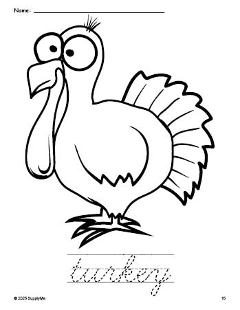 FREE Printable Turkey Thanksgiving Coloring Page and Cursive Word ...
