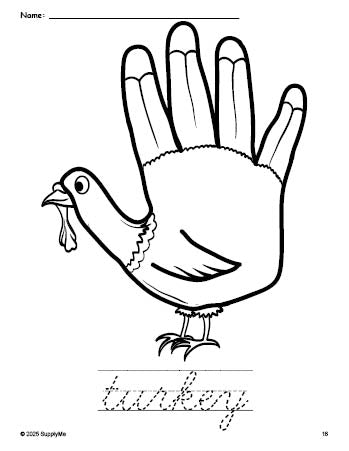 FREE Printable Turkey Thanksgiving Coloring Page and Cursive Word ...