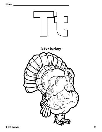 FREE Printable Turkey Thanksgiving Coloring Page, Letter T Coloring ...