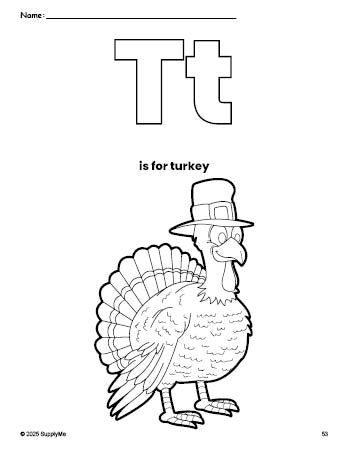 FREE Printable Turkey Thanksgiving Coloring Page, Letter T Coloring ...