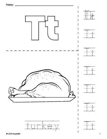 FREE Printable Turkey Thanksgiving Coloring Page and Letter Tracing ...