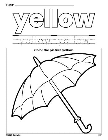 FREE Umbrella Color Yellow Coloring Page and Color Worksheet, Yellow ...
