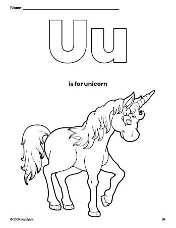 FREE Printable Unicorn Coloring Page, Letter U Coloring Page for ...
