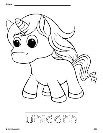 FREE Printable Unicorn Coloring Page and Word Tracing Worksheet, Letter ...