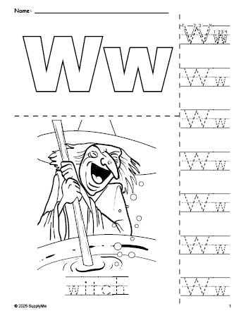 FREE Printable Witch Halloween Coloring Page and Letter Tracing ...