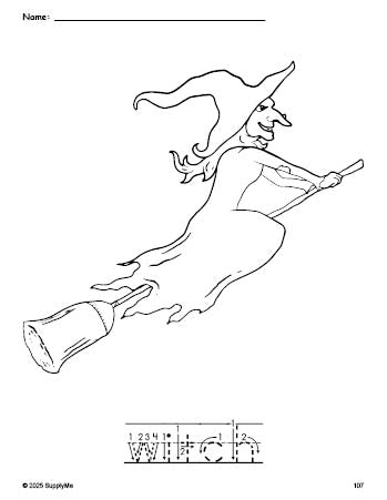 FREE Printable Witch Halloween Coloring Page and Word Tracing Worksheet ...