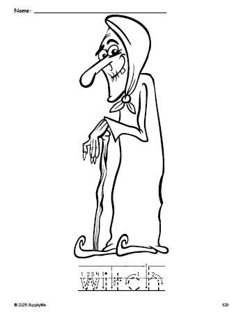 FREE Printable Witch Halloween Coloring Page and Word Tracing Worksheet ...