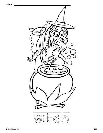 FREE Printable Witch Halloween Coloring Page and Word Tracing Worksheet ...