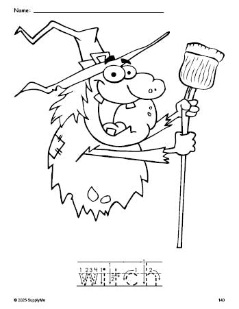 FREE Printable Witch Halloween Coloring Page and Word Tracing Worksheet ...