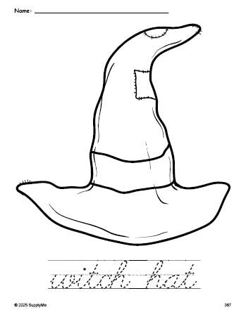FREE Printable Witch Hat Halloween Coloring Page and Cursive Word ...