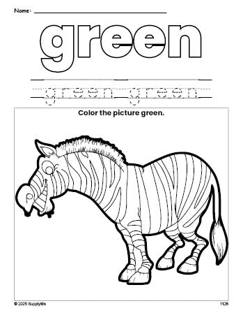 FREE Zebra Color Green Coloring Page and Color Worksheet, Green ...
