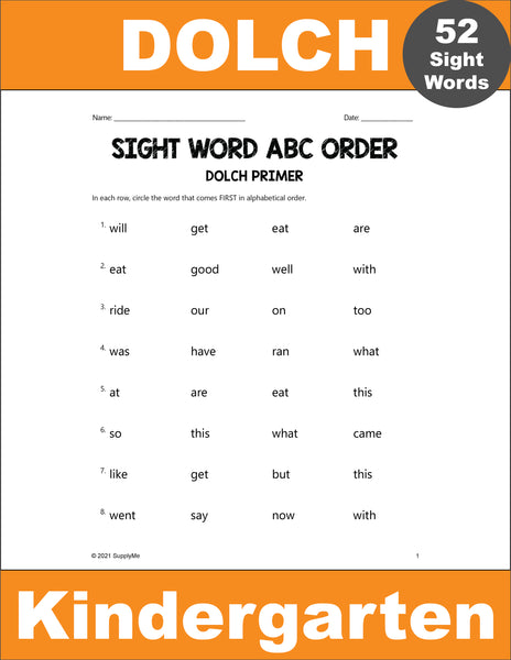 FREE Kindergarten Sight Words Worksheets - ABC Order, All 52 Dolch Pri ...