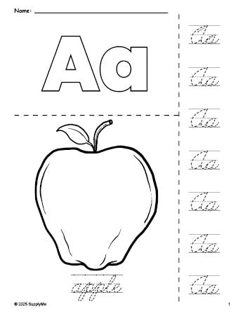 FREE Printable Apple Coloring Page and Cursive Letter Tracing Worksheet ...