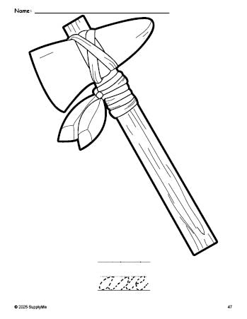 FREE Printable Axe Thanksgiving Coloring Page and Cursive Word Tracing ...