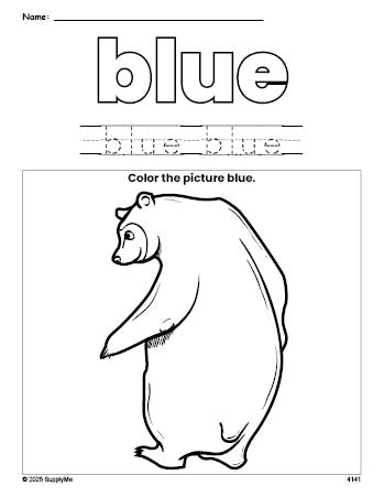 FREE Bear Color Blue Coloring Page and Color Worksheet, Blue Worksheet ...
