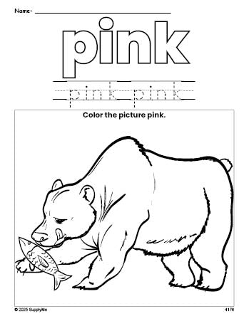 FREE Bear Color Pink Coloring Page and Color Worksheet, Pink Worksheet ...