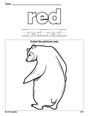 FREE Bear Color Red Coloring Page and Color Worksheet, Red Worksheet ...