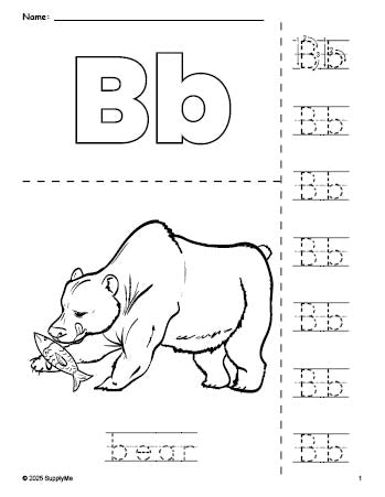 FREE Printable Bear Coloring Page and Letter Tracing Worksheet, Letter ...