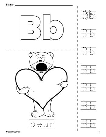 FREE Printable Bear Valentine's Day Coloring Page and Letter Tracing ...