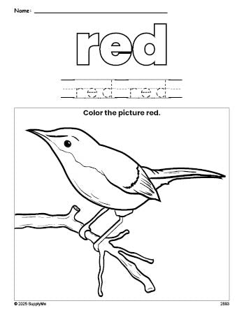 FREE Bird Color Red Coloring Page and Color Worksheet, Red Worksheet ...