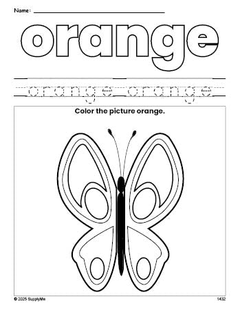 FREE Butterfly Color Orange Coloring Page and Color Worksheet, Orange ...