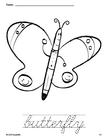 FREE Printable Butterfly Coloring Page and Cursive Word Tracing ...