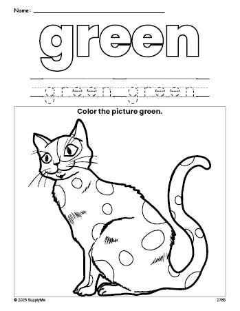 FREE Cat Color Green Coloring Page and Color Worksheet, Green Worksheet ...