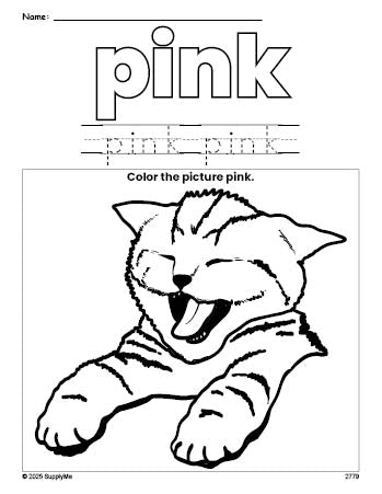 FREE Cat Color Pink Coloring Page and Color Worksheet, Pink Worksheet ...