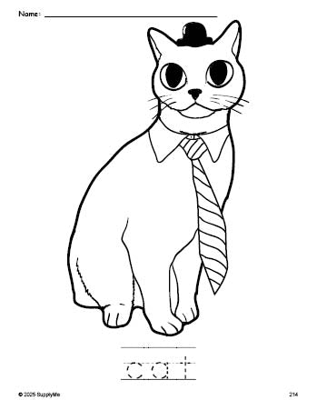 FREE Printable Cat Coloring Page and Word Tracing Worksheet, Perfect ...